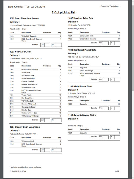 Picking Lists - Wholesale Bakery Software
